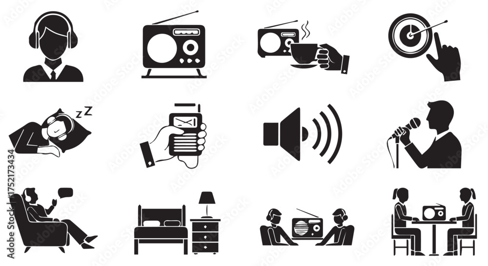 Collection of icons related to sound, media, and daily life isolated on ...