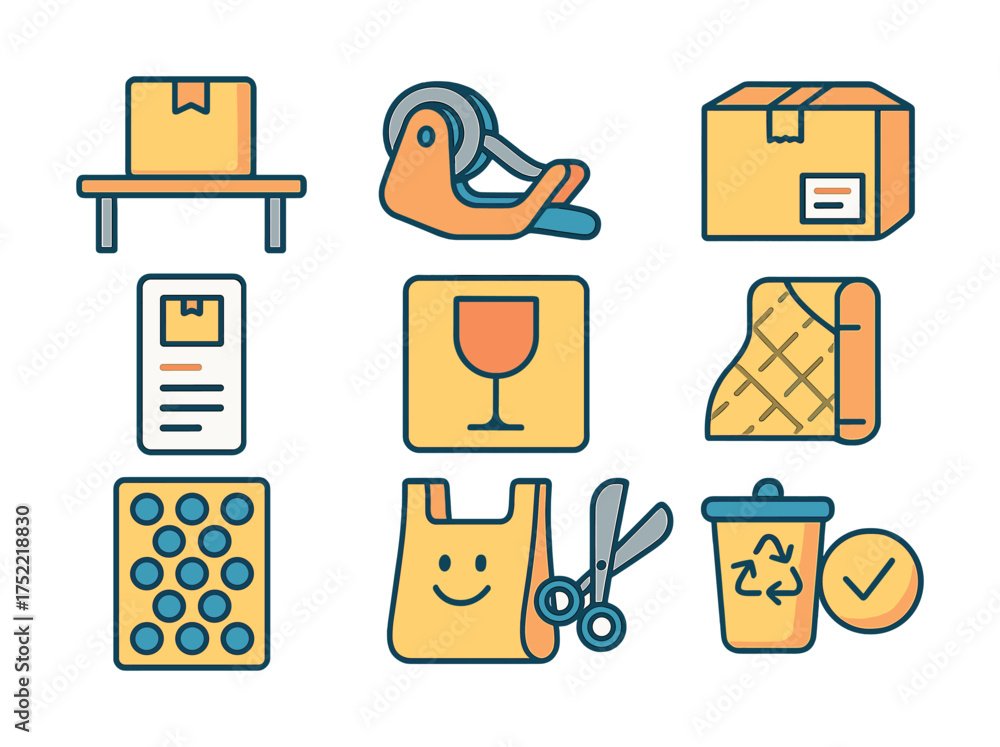 Parcel packaging icons: tape, box, bubble wrap, recycle bin, shipping ...
