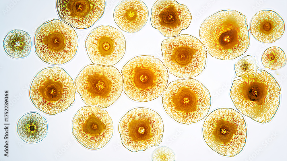 Foto de Stock Diatom and microalgae populations observed under the ...