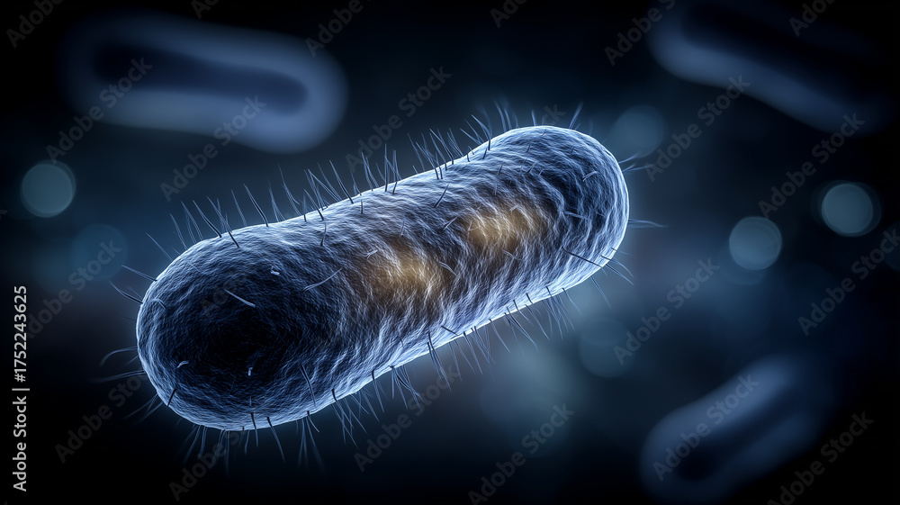 Single rod shaped bacterium with surface pili illustrating microbial ...