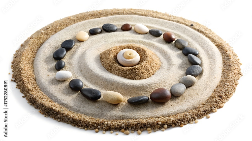 Zen garden spiral design with smooth stones and sand creating a ...