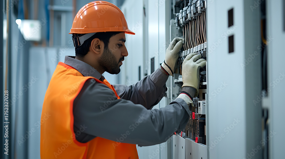 Electrician works on electrical panel, wearing safety gear. Protective hardhat and vest are ...