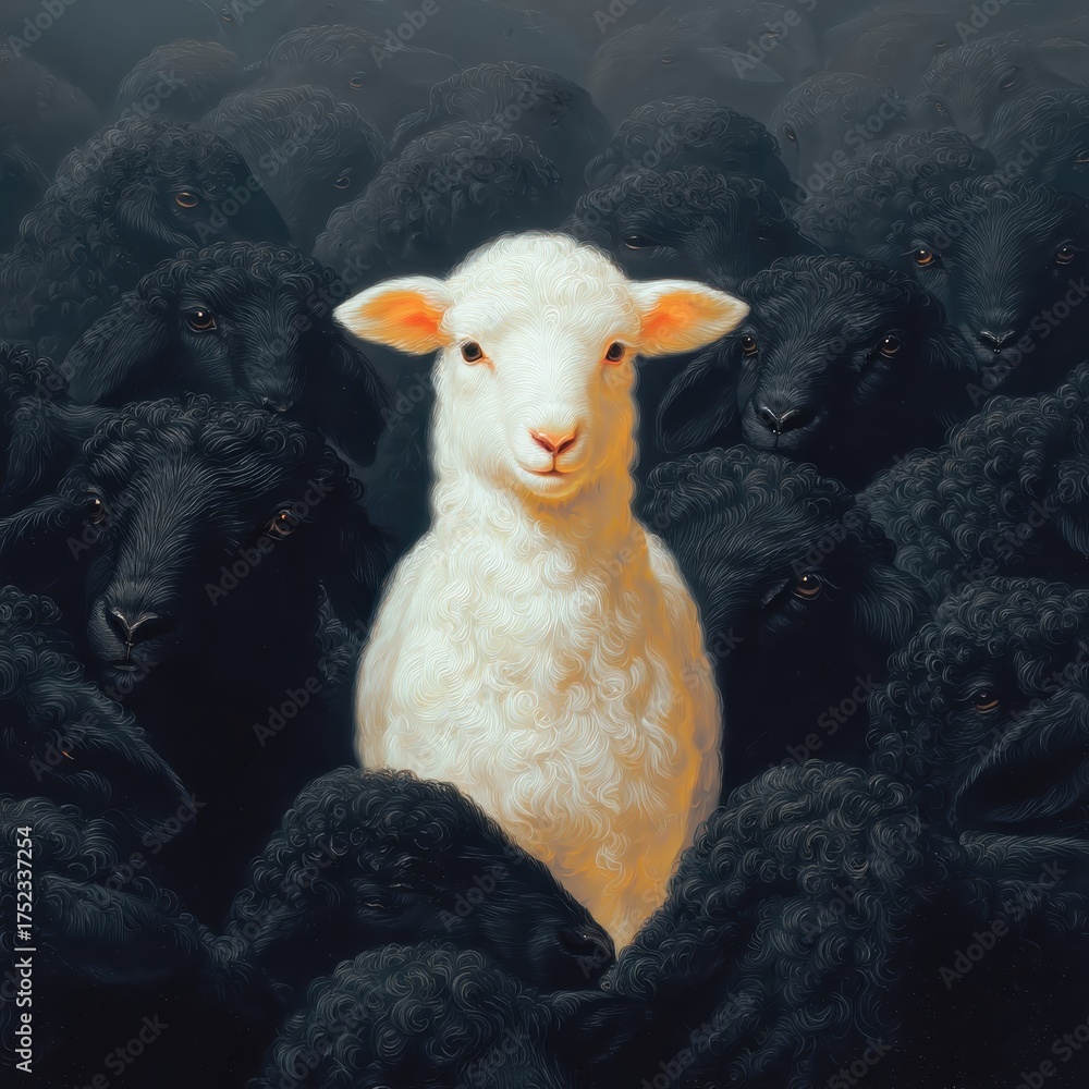 Una oveja blanca destaca entre una multitud de ovejas negras ...