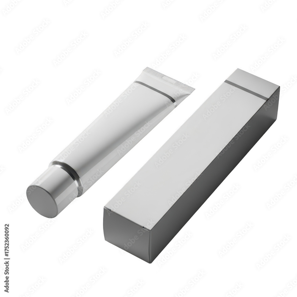 Silver metal tube with cap and rectangular box packaging mockup product ...
