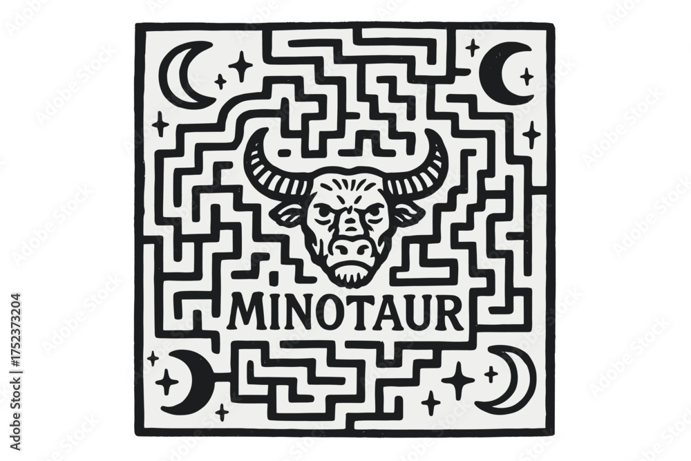 Mystical Minotaur Maze. Hand-drawn minotaur maze with moons, horns, and ...