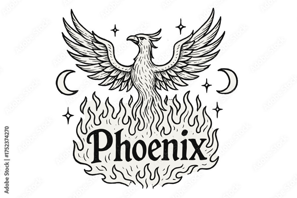 Phoenix and Moons. Hand-drawn phoenix rising with moons, fire, and ...