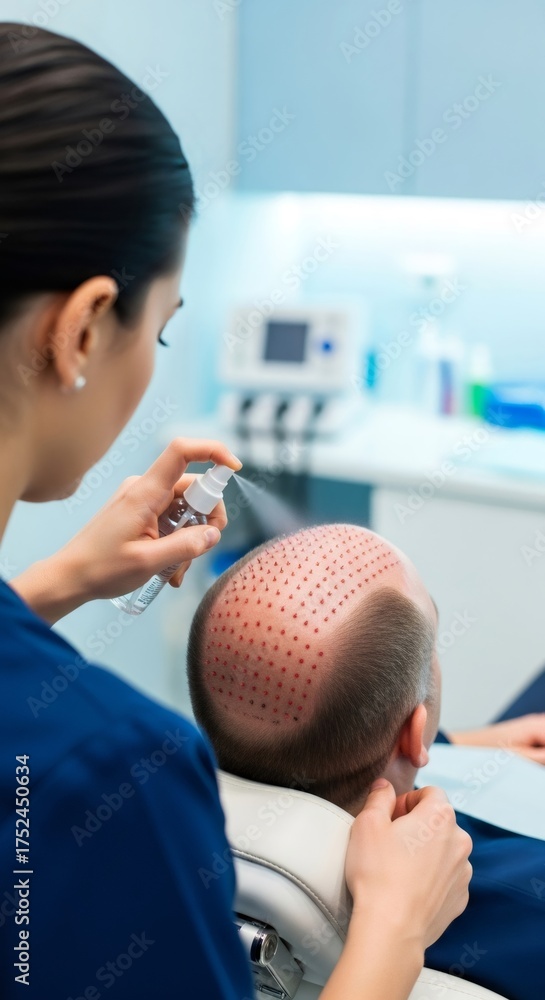 Woman doctor spraying scalp of man after hair transplant surgery. Hair ...