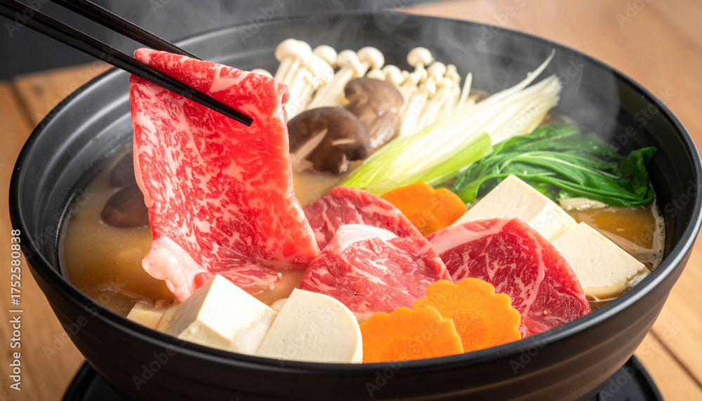 Japanese sukiyaki hot pot with thinly sliced wagyu beef, tofu ...