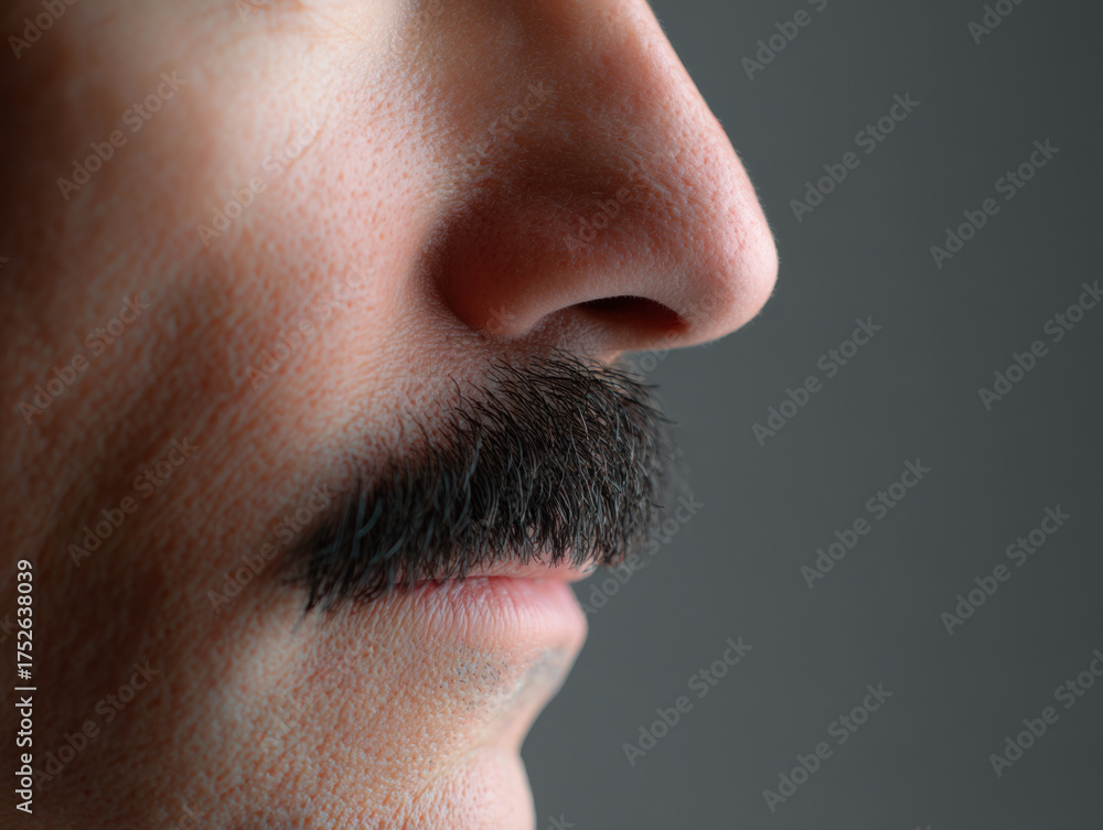 Side angle close up of man with mustache and clean jawline showing ...