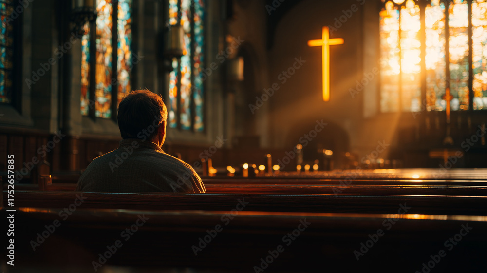 Man praying alone in church pews facing glowing cross with stained ...