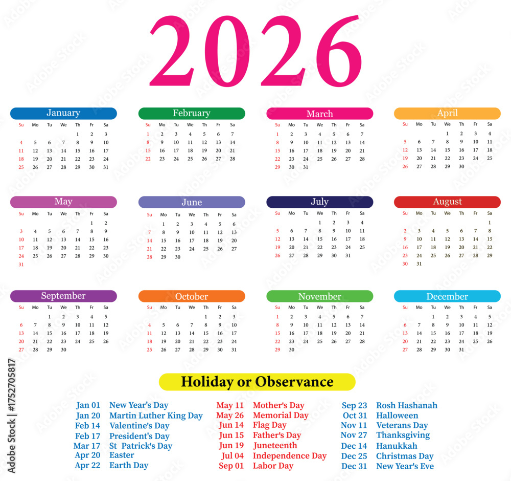 Vetor do Stock 2026 calendar with holidays and observances. calendar for 2026 | Adobe Stock