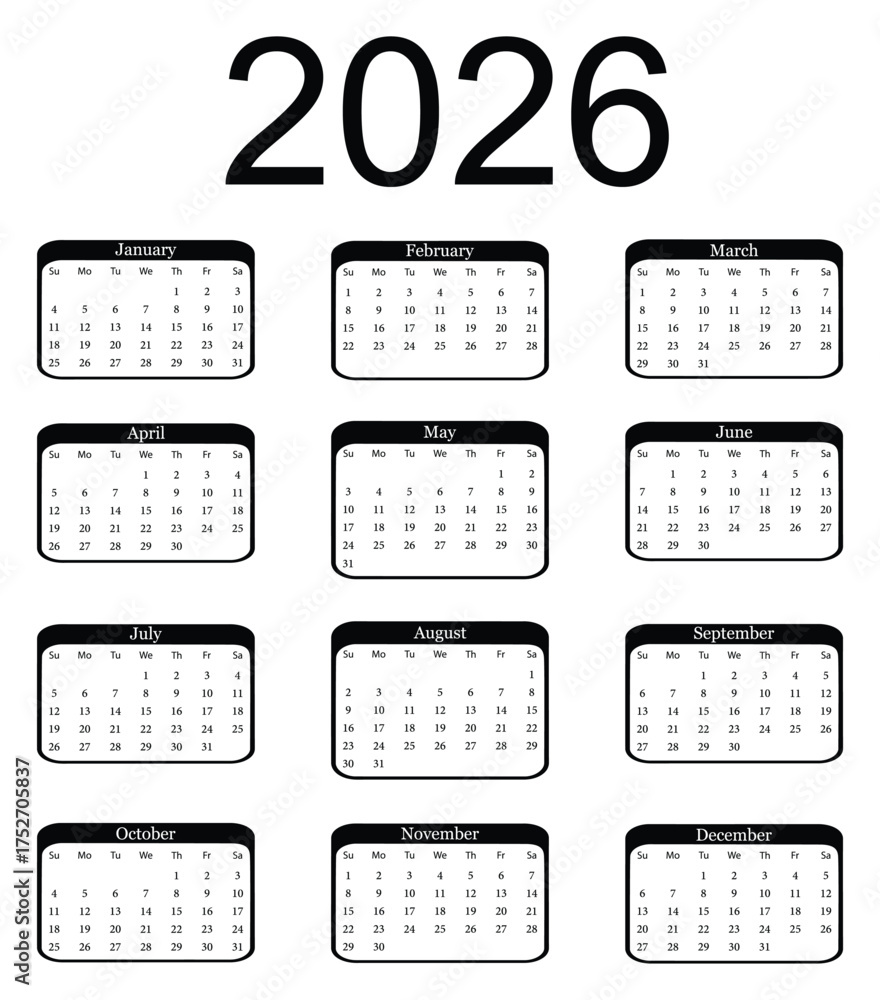 2026 calendar grid layout showing all twelve months. calendar for 2026 ...