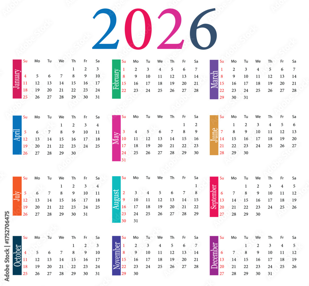 Colorful 2026 calendar grid with monthly divisions. 2026 calendar with ...
