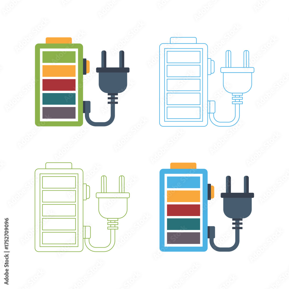 Four stylized battery icons with charging plugs in different color ...