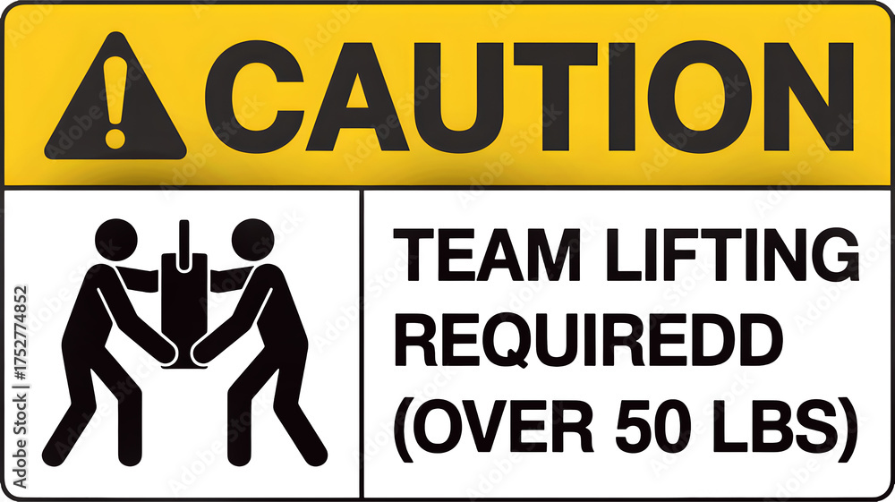 Workplace safety caution sign: Team lifting required for heavy objects ...
