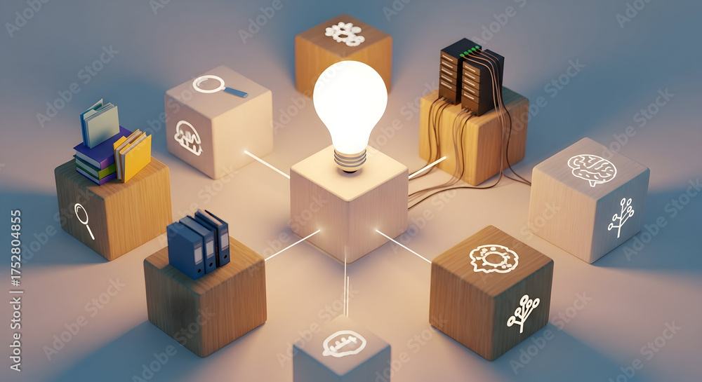 Illuminated idea hub with connected knowledge blocks sparks innovation ...