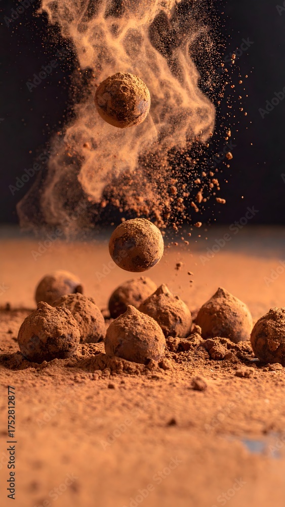 Chocolate balls being dropped and splashed with cocoa powder in mid-air ...