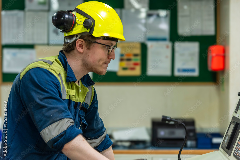 Young marine engineer during his daily routine work in engine room ...