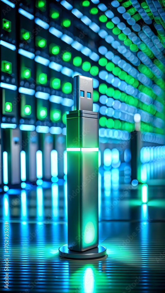 Glowing futuristic U S B flash drive on reflective surface with digital ...