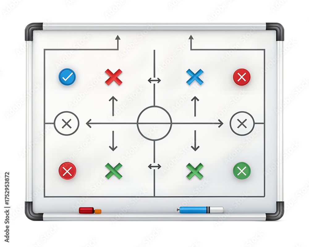 Whiteboard with game strategy diagram including arrows circles and x ...
