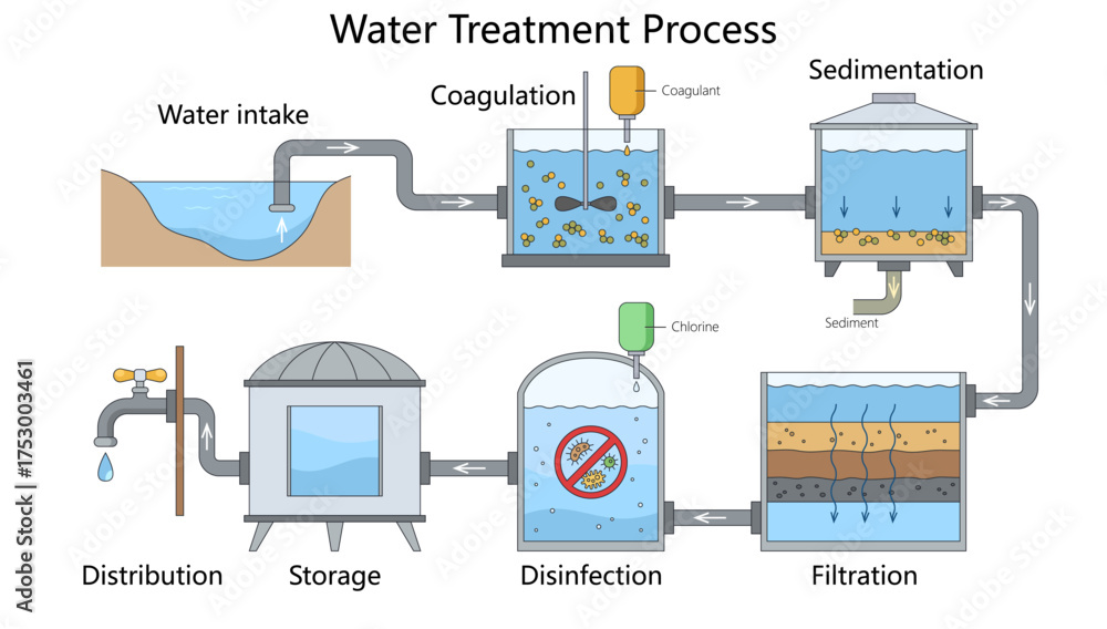 stages of water treatment including intake, coagulation, sedimentation ...