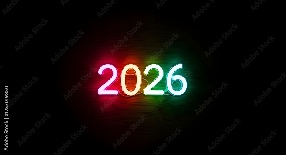 Vibrant neon sign displaying the year 2026 in multiple glowing colors ...