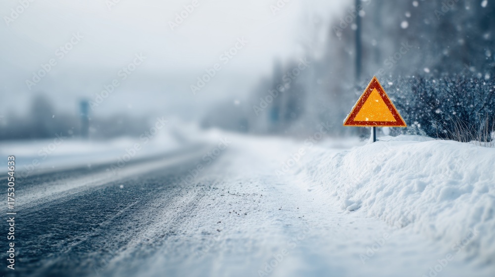 Orange warning sign at a snowy roadside during winter. Concept of ...