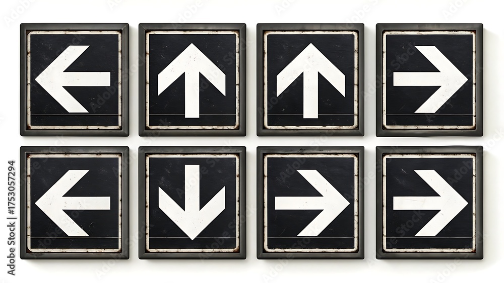 Collection of eight directional arrow signs pointing left up down and ...