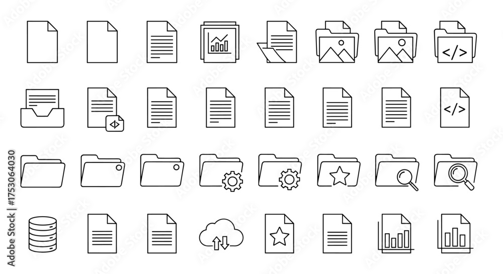 Set of minimal thin line document and folder icons with file types code ...