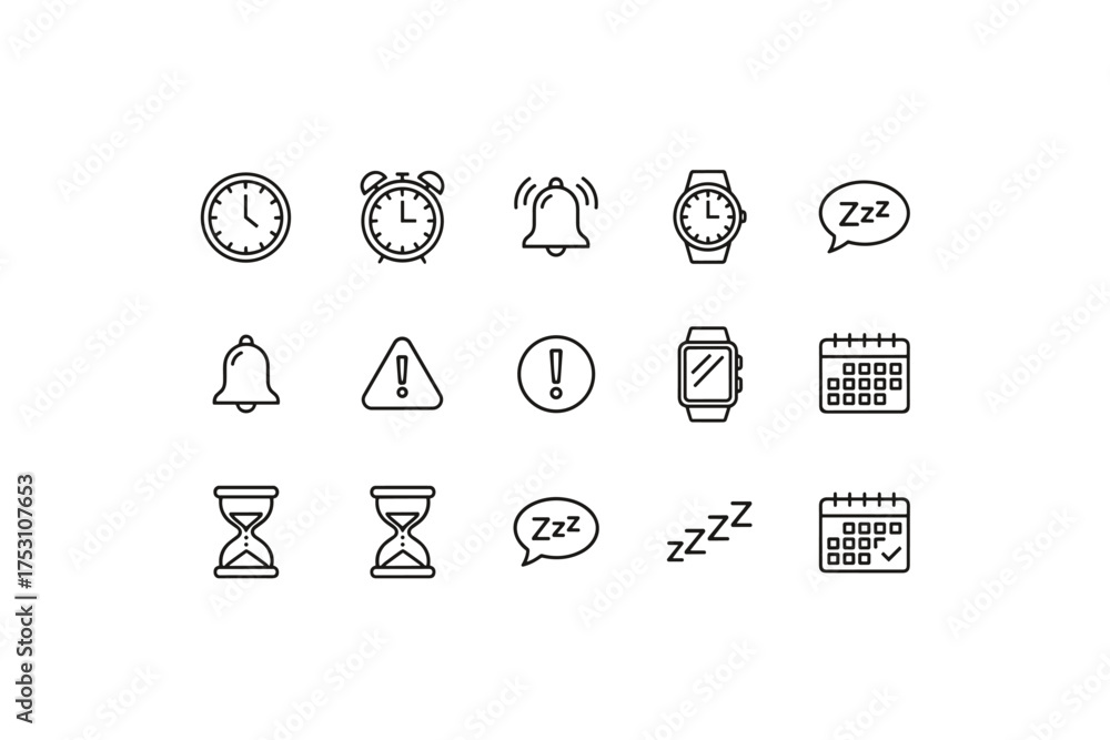 Time and Alarm Icons Set, Timer Clock Symbols, Alarm Bells, Wristwatch ...