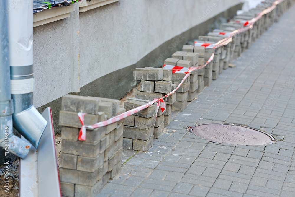 Removed paving slabs exposing old historic building foundation during ...
