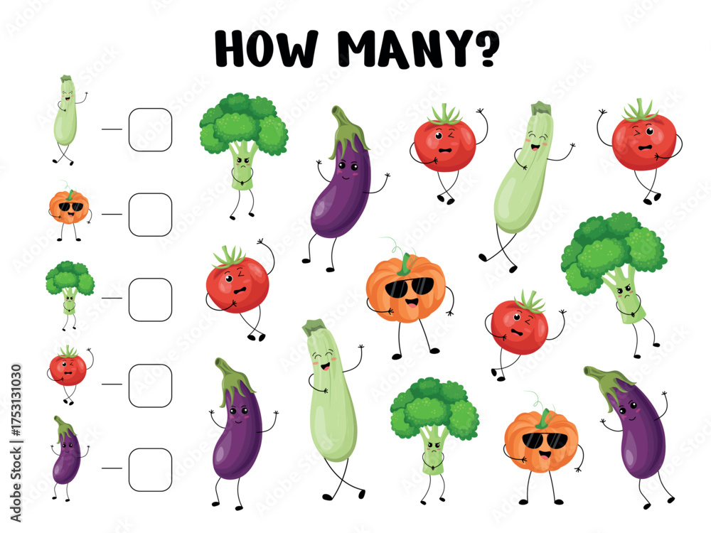 Counting worksheet for children featuring expressive vegetable ...