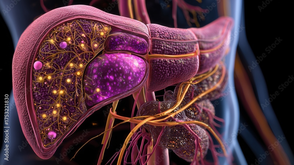 Scientific cutaway illustration of human abdomen highlighting pancreas ...