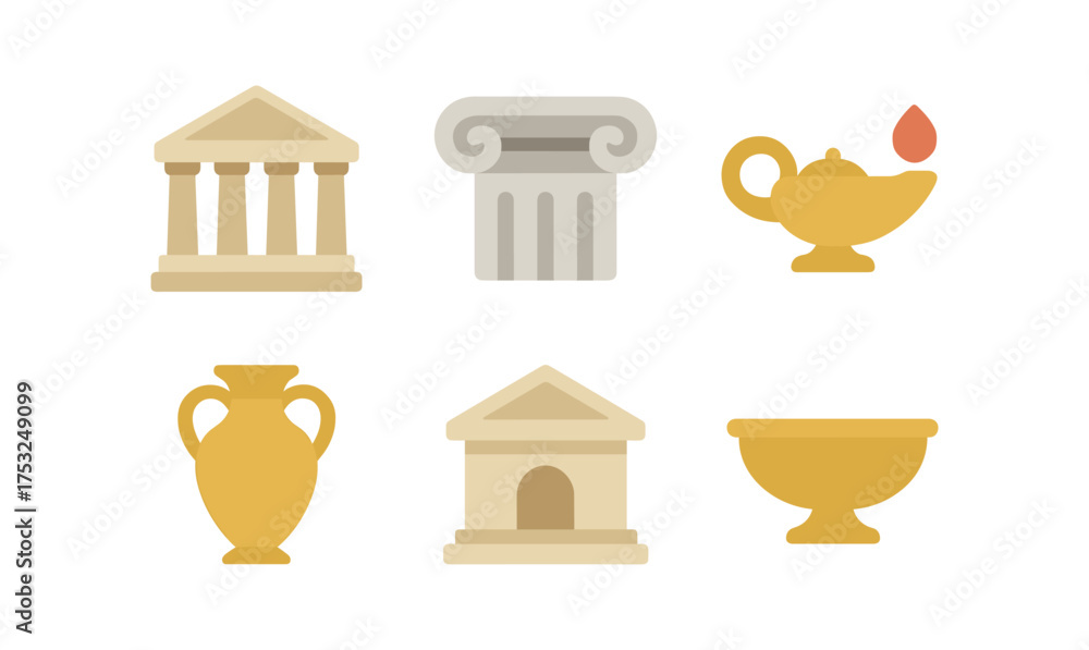 Ancient greek icon set: temples, columns, and artifacts in flat design ...