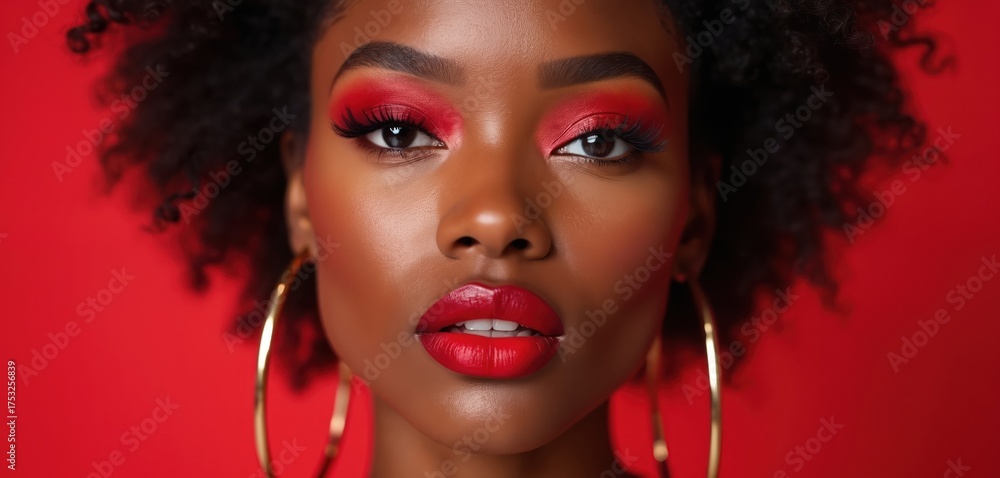 Black woman with vibrant red makeup including eyeshadow and lipstick ...