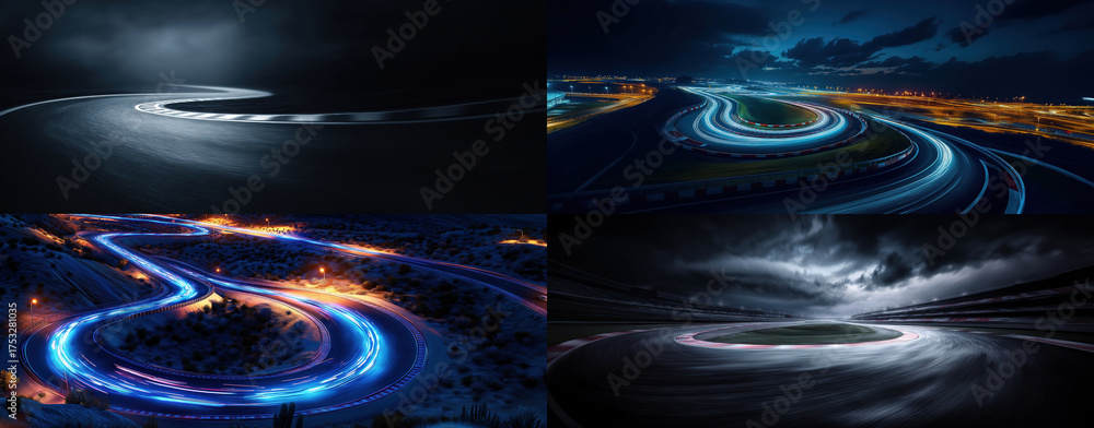 Futuristic highway light trails through dramatic night landscapes with ...