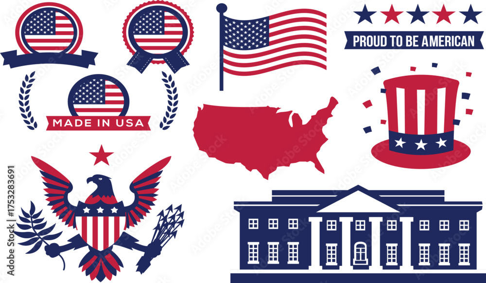 Collection of United States of America symbols including the flag ...
