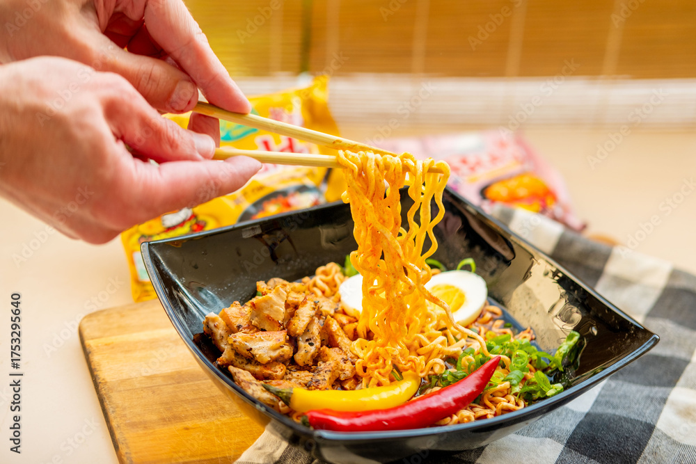 Korean Ramen Buldak noodles with egg, chili and chicken in bowl lifted ...