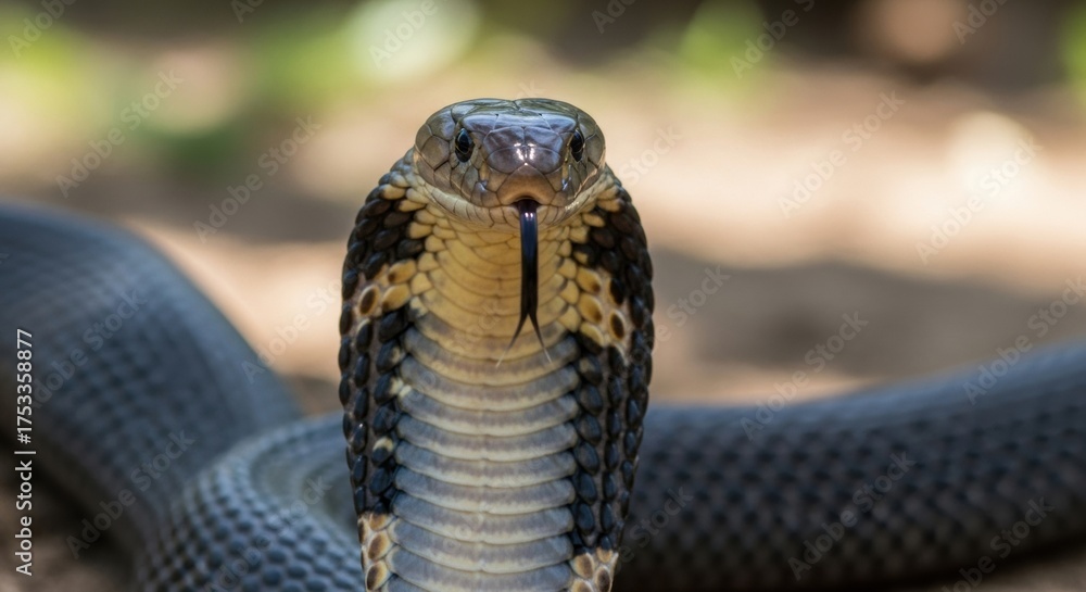 Majestic Cobra A Portrait of Serpentine Splendor and Untamed Nature, Revealing its striking ...