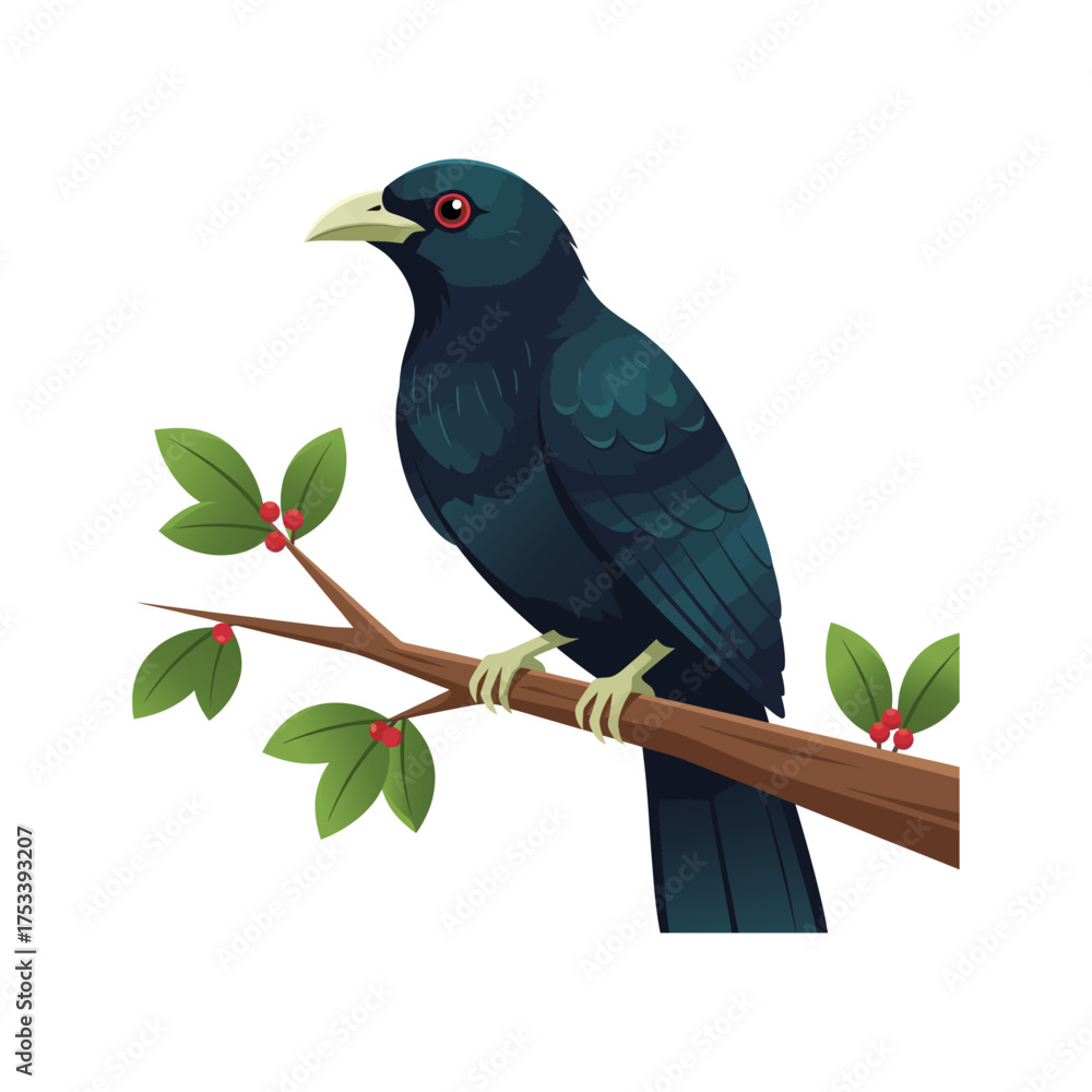 Realistic Asian Koel Perched on Flame Tree Branch with Vibrant Red ...