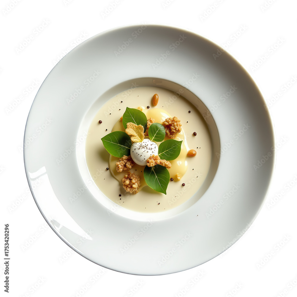Gourmet creamy celery root soup veloute served in white bowl. An ...