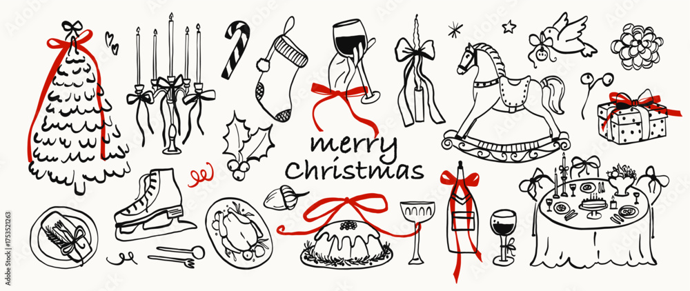 เวกเตอร์ Stock Set of whimsical Christmas tree, dinner table, candle ...