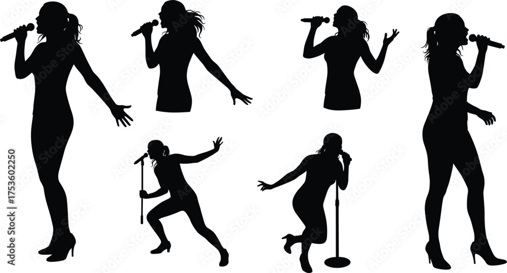 Female singer silhouettes, dynamic stage performance, expressive ...