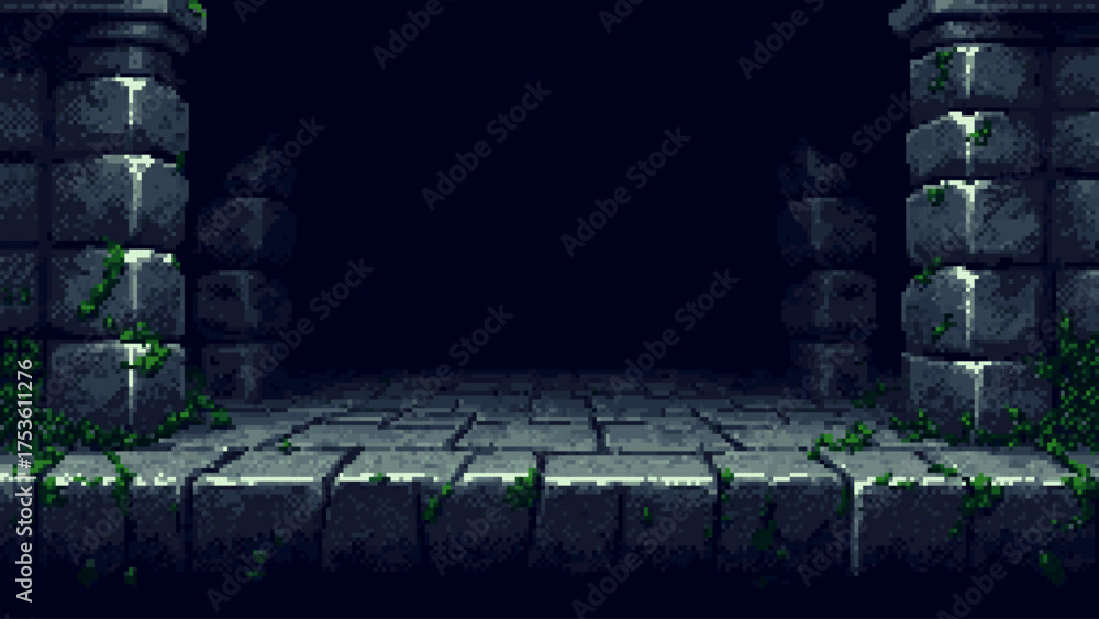 Dark pixel art game level vector showing dungeon gate entrance. Retro 8 ...