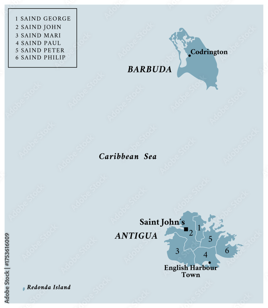 Antigua and Barbuda - detailed political map of the country with ...