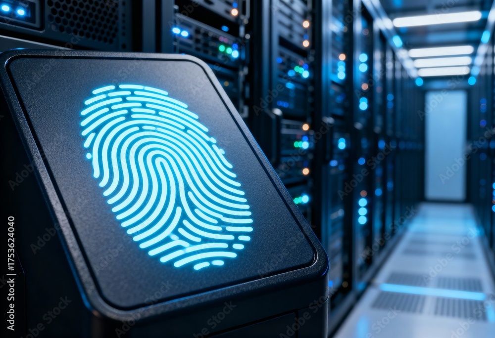 Biometric security access control system with a glowing blue ...