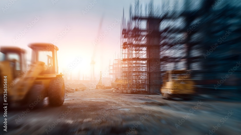 Construction site with yellow heavy hinery and scaffolding motion blur ...