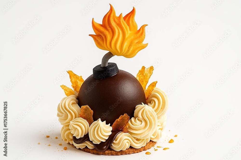 Artistic chocolate bomb with realistic fire and confectionery details ...