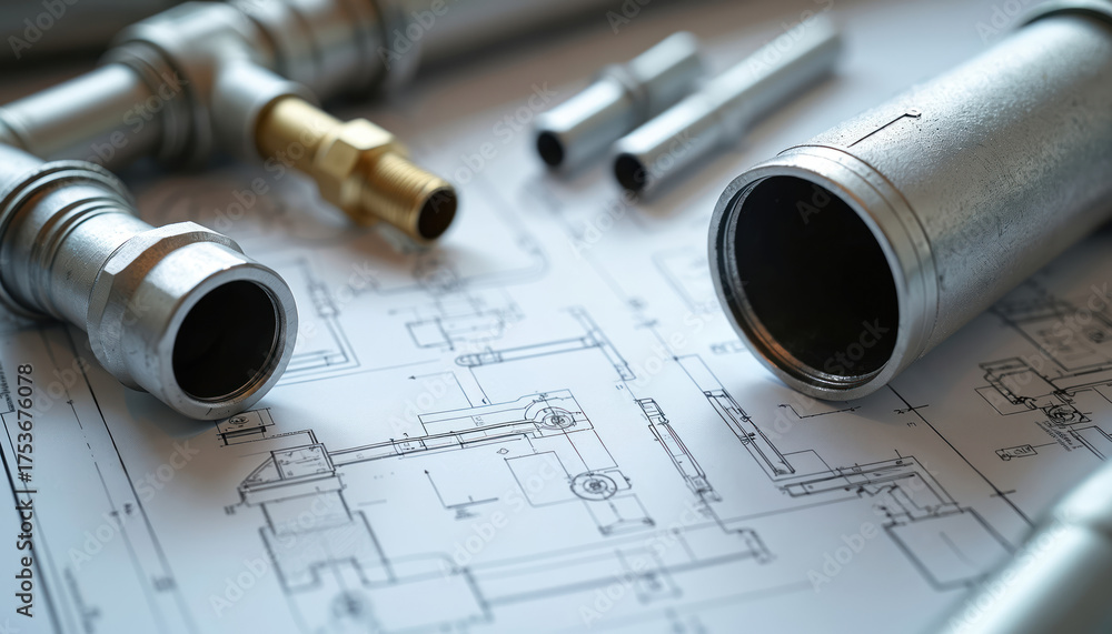 Metal pipes and fittings on top of technical drawings and diagrams ...