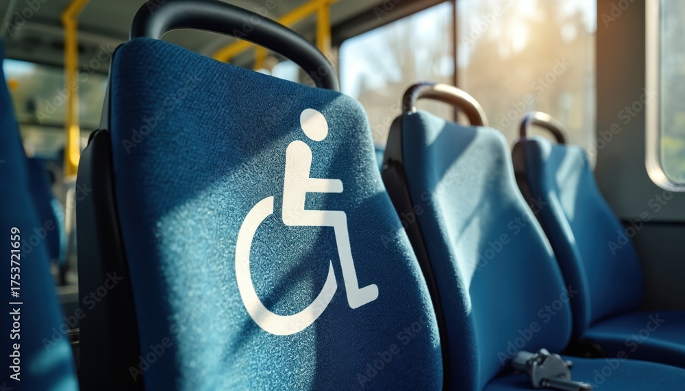 Blue priority seats on public bus with disability symbol. Reserved ...